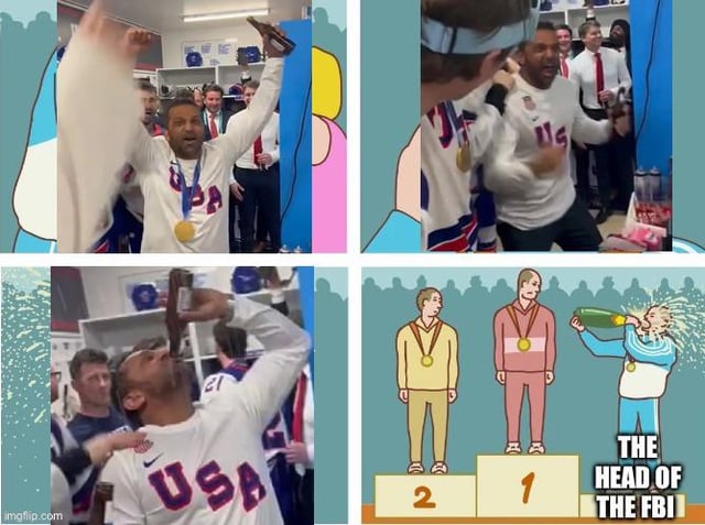 US Athlete Bottle Celebration x FBI Head Podium Meme GagBase | AI ...